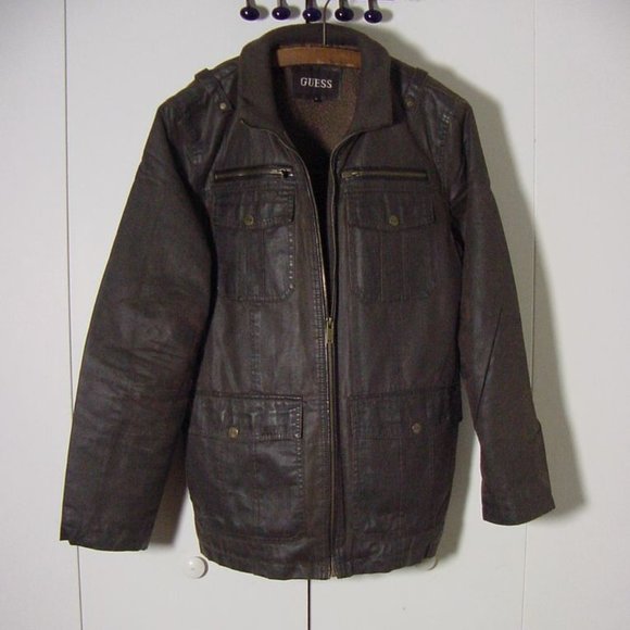 Guess | Jackets & Coats | Vtg Guess Brown Poly Cargo Jacket Sz M Fuzzy ...